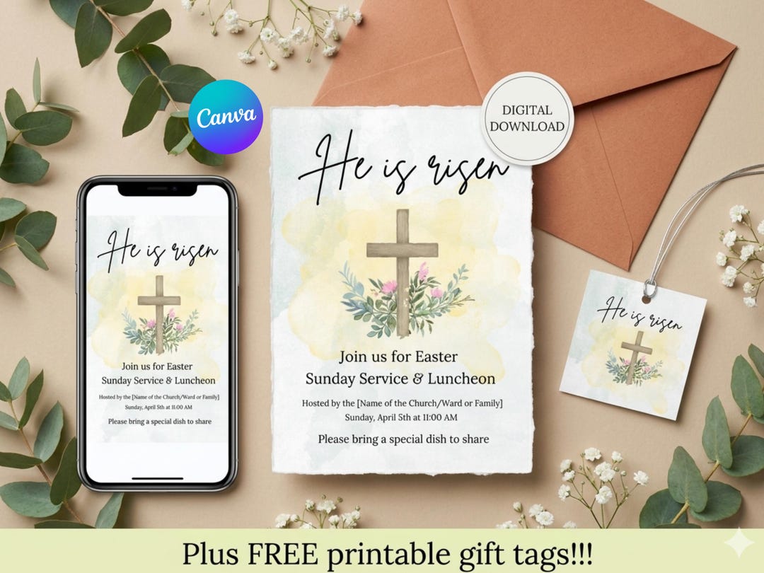 Religious Easter Bundle: Invitation, Digital Invite & Gift Tag | He is ...