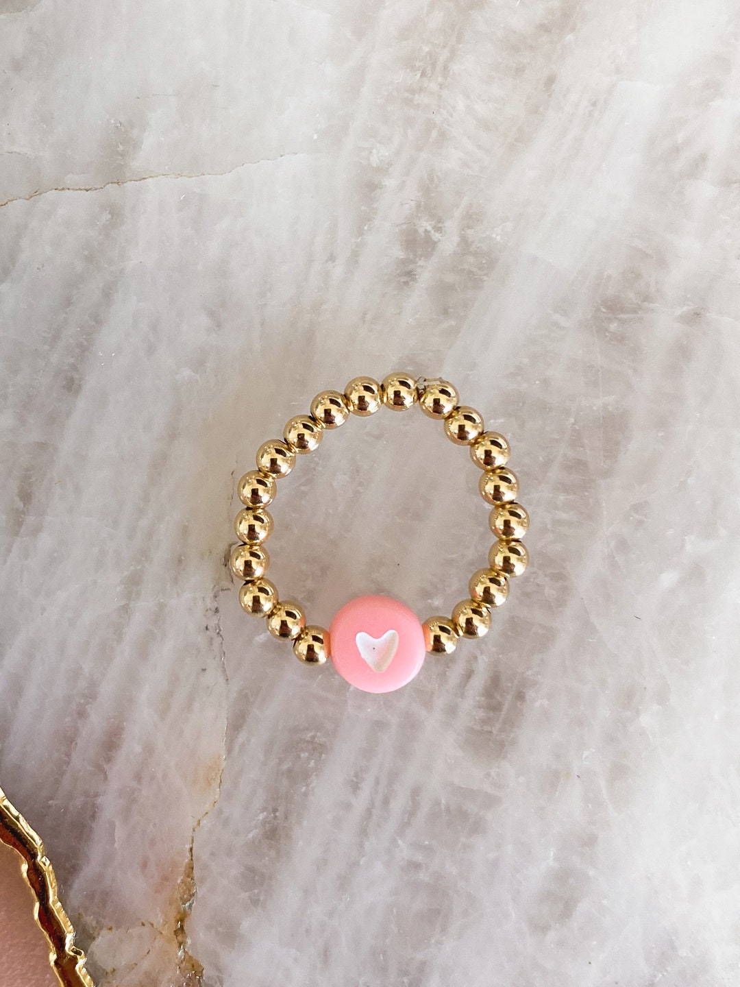 3mm 14k Gold Filled Beaded Ring With Pink Bead With White Heart ...