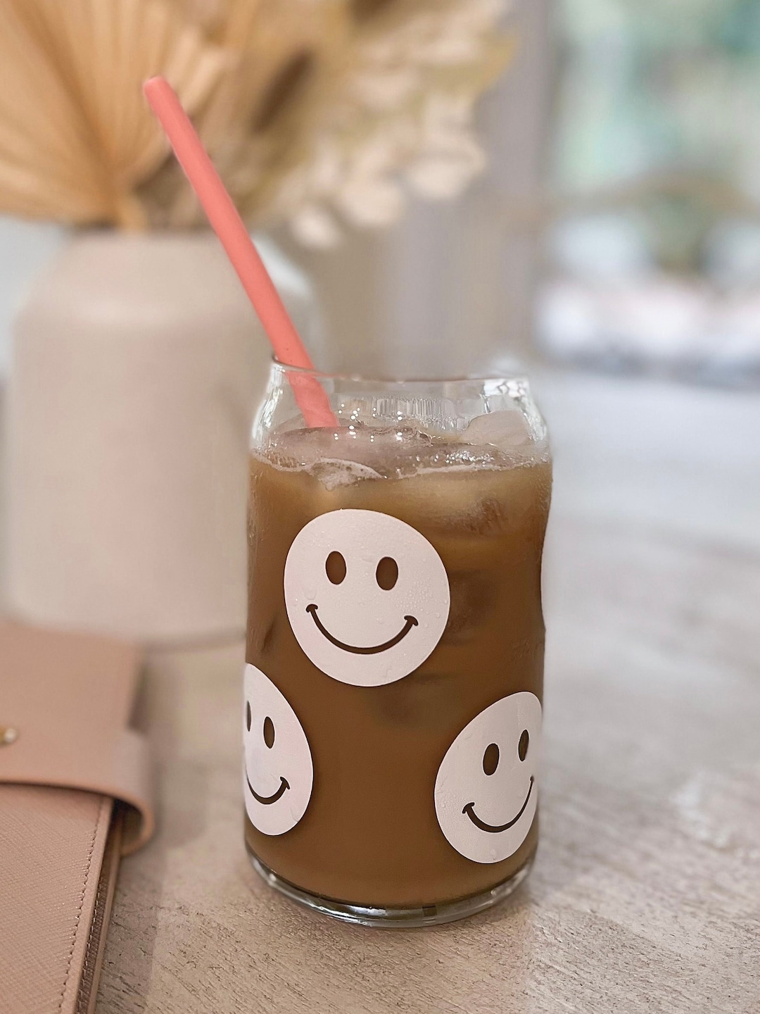 Smiley Face Glass Can | Iced Coffee Cup | Soda Glass | Happy Face - Etsy