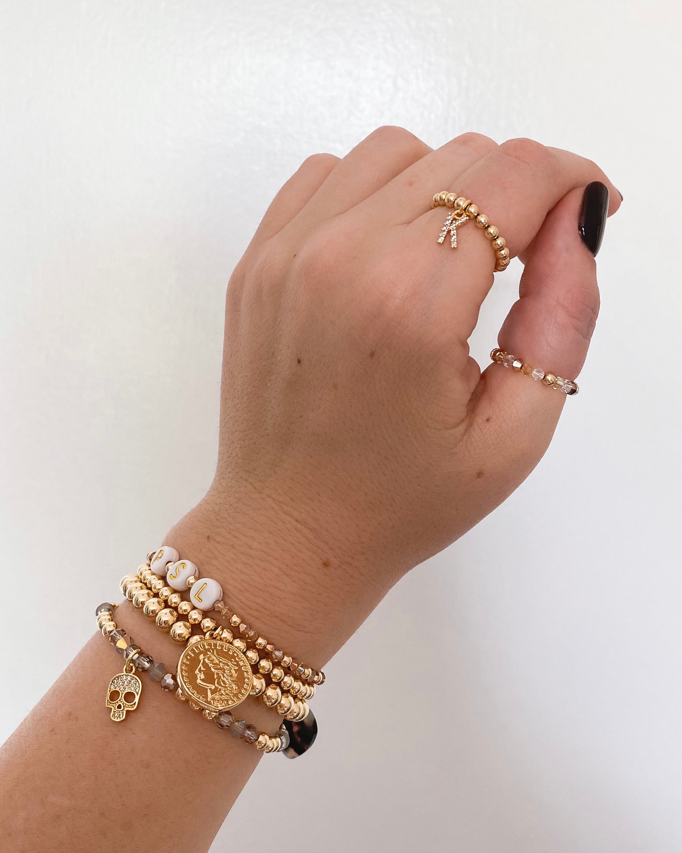 3mm 14k Gold Filled Beaded Ring with Initial Charm Stretchy | Etsy