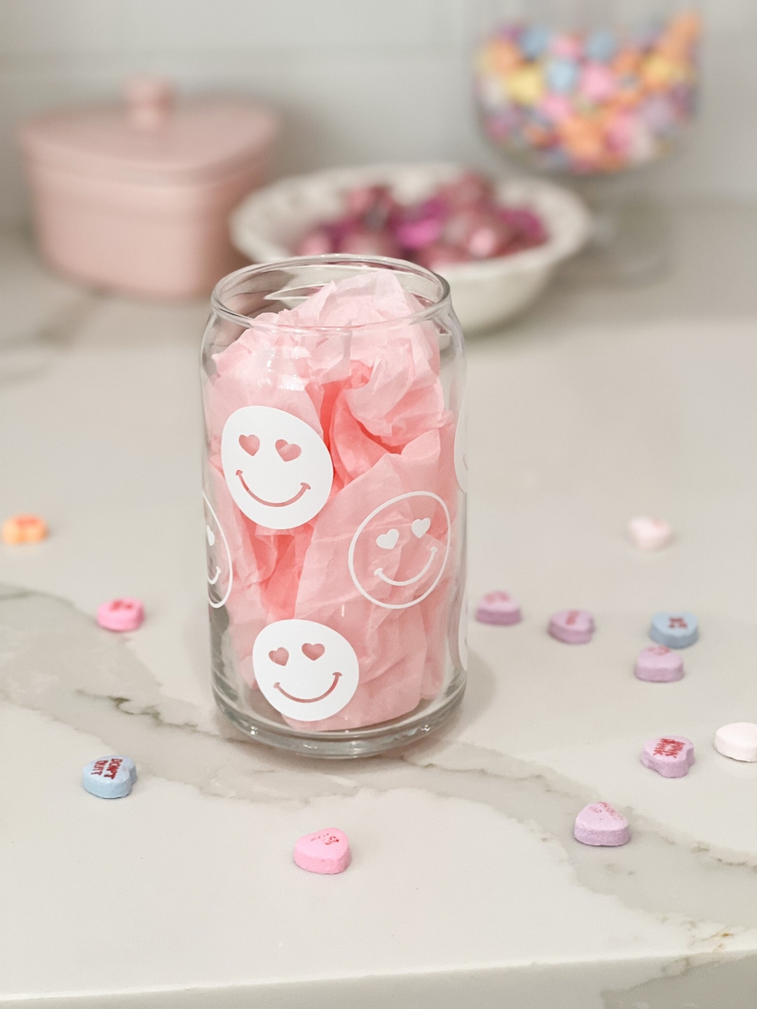 Heart Eyes Smiley Face Glass Can | Iced Coffee Cup | Soda Glass | Happy ...