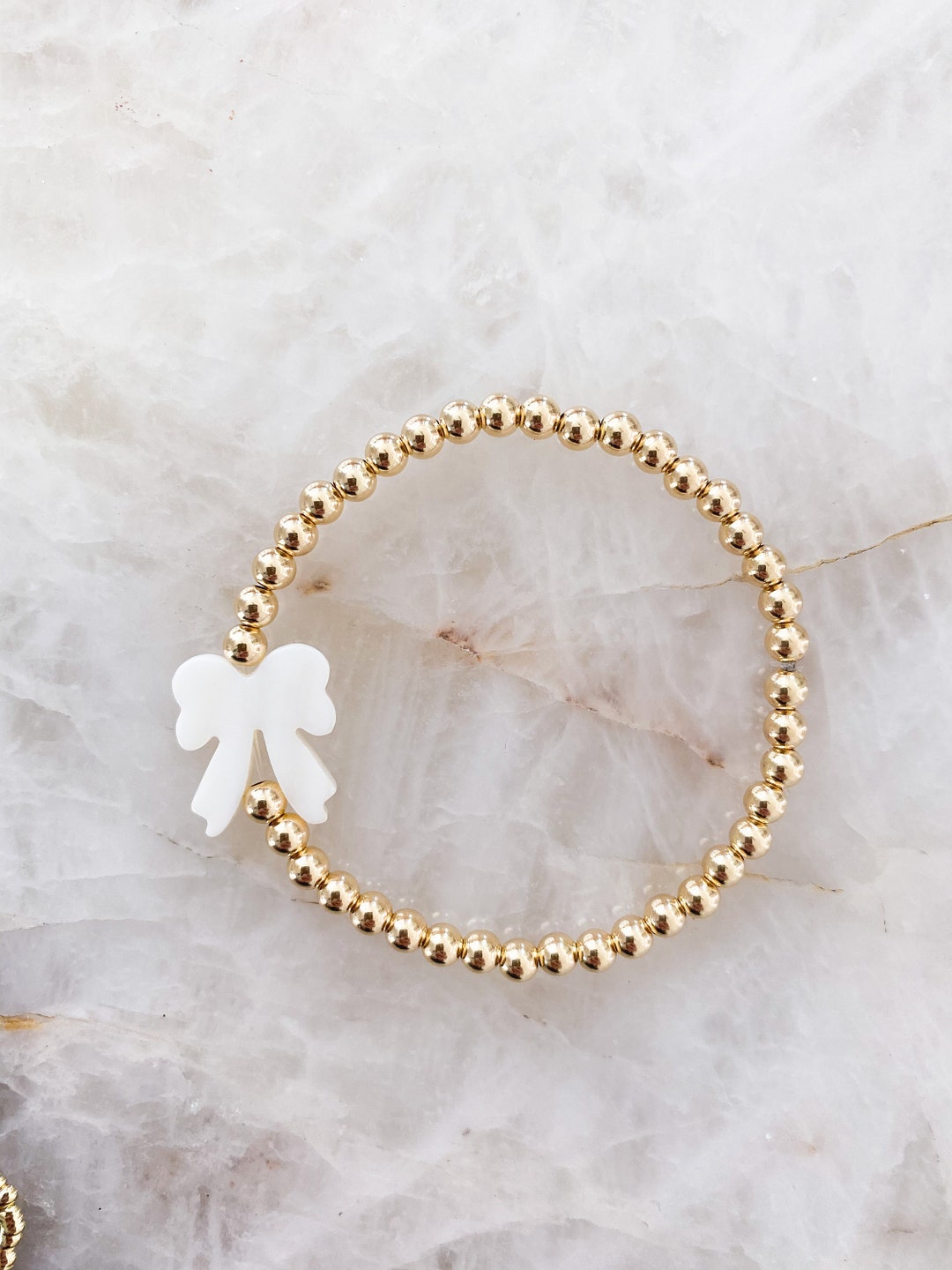 4mm 14k Gold Filled Pearl Bow Beaded Bracelet | Mother of Pearl Bow ...
