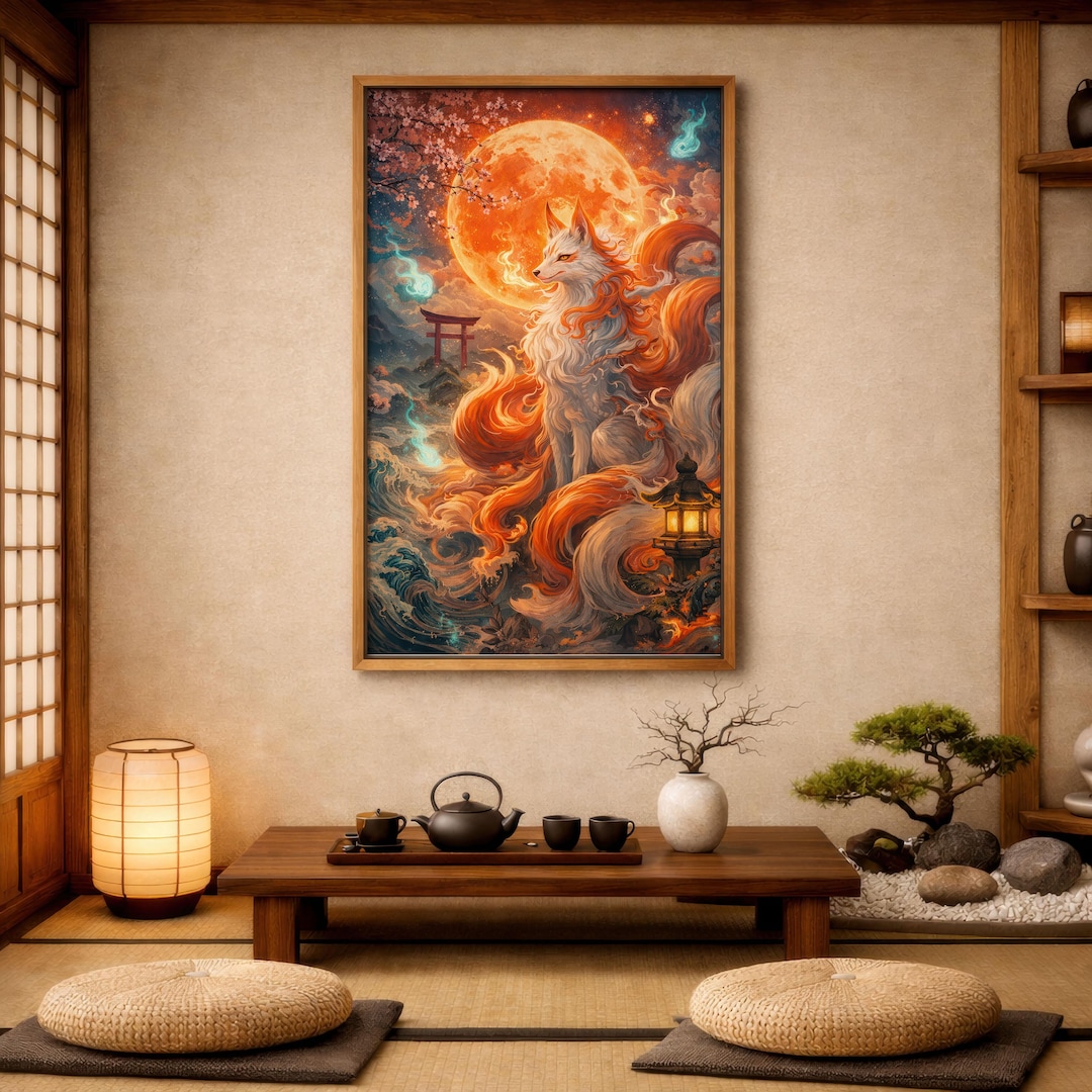 Nine Tailed Kitsune Wall Art | Japanese Fox Spirit Print | Red Moon ...