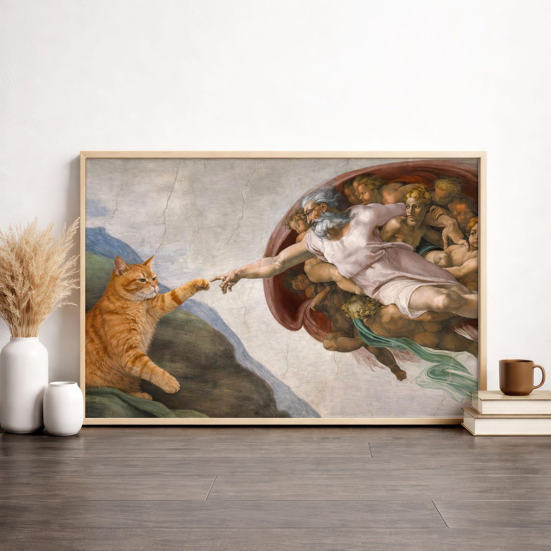 Funny Creation of Adam Cat Painting, Michelangelo Meme Art, Renaissance ...