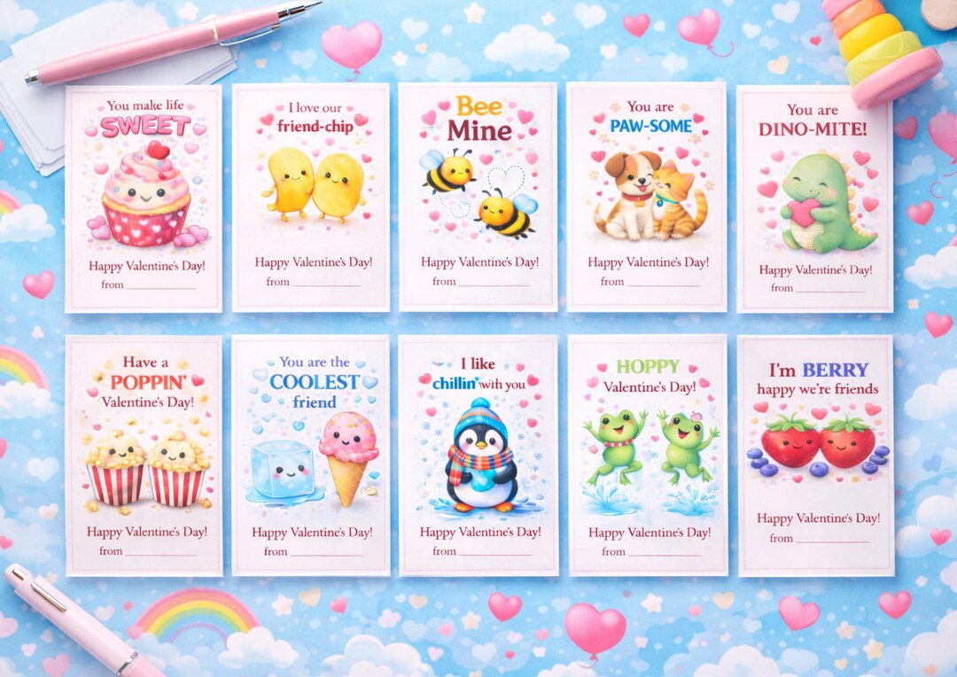 Printable Kids Valentine Cards | Friendship Theme, Stickers (digital ...