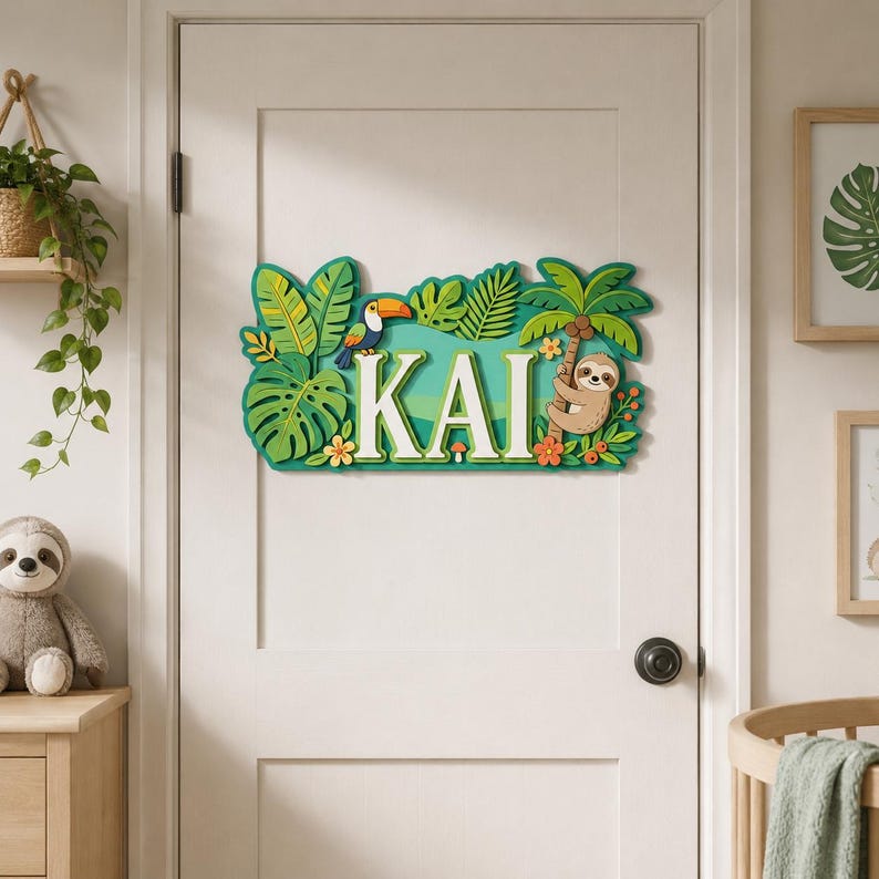 Tropical Jungle Nursery Name Sign, Custom Wood Baby Name Plaque, Sloth ...