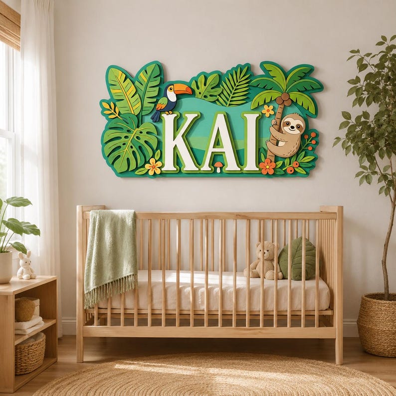 Tropical Jungle Nursery Name Sign, Custom Wood Baby Name Plaque, Sloth ...