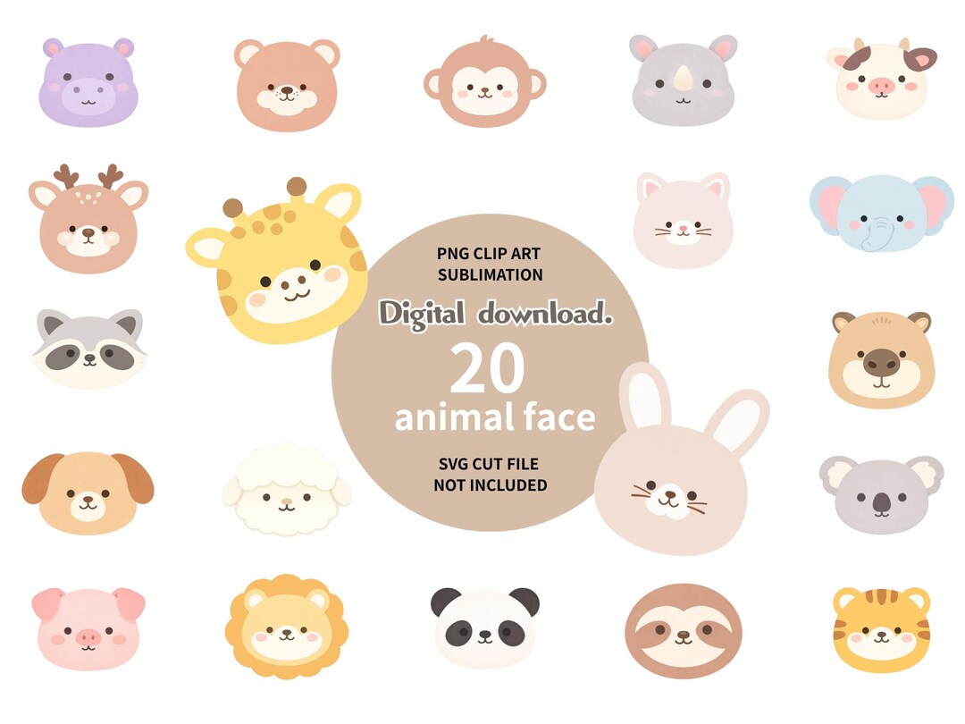 Cute Animal Face Clipart Bundle | 20 PNG Animal Faces | Kawaii Animal ...