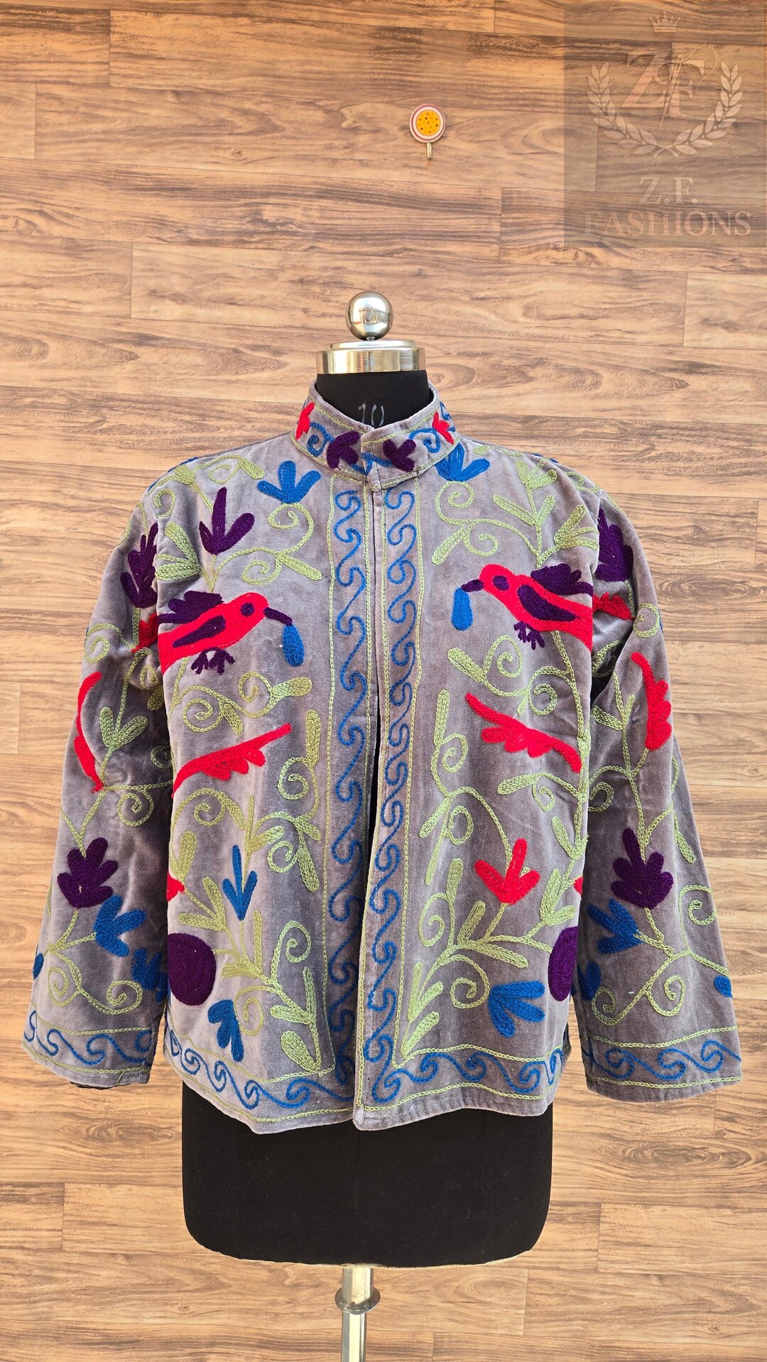 Handmade Sujani Style Embroidered Jacket, Grey Velvet Folk Art Bird ...