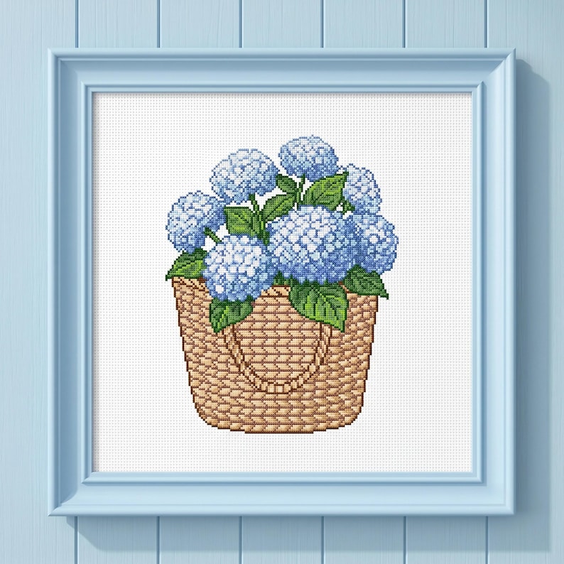 Blue Hydrangea Cross Stitch Pattern, Coastal Summer Straw Bag Hoop Art ...