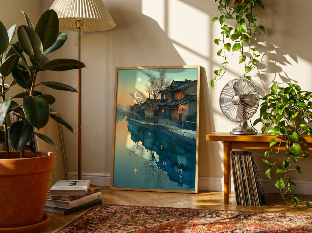 Japanese Riverside Village Poster | Shin‑hanga Evening Print | Hasui ...