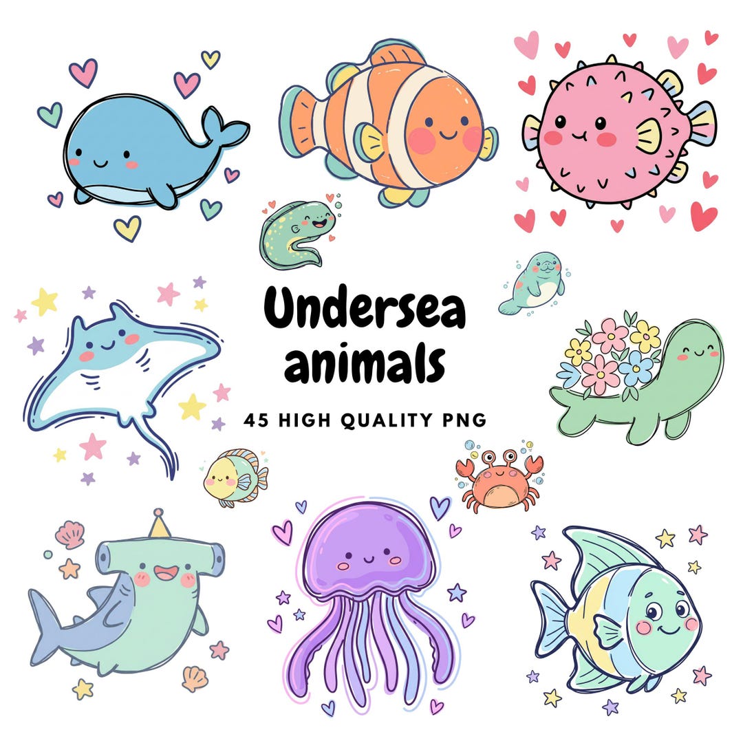 Kawaii Ocean Animals Clipart Bundle, Pastel Cartoon Sea Transparent PNG ...