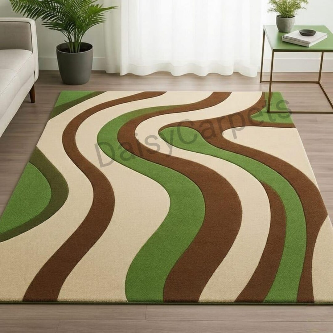 Modern Green Abstract Rug, Wavy Pattern Area Rug, Mid Century Living ...