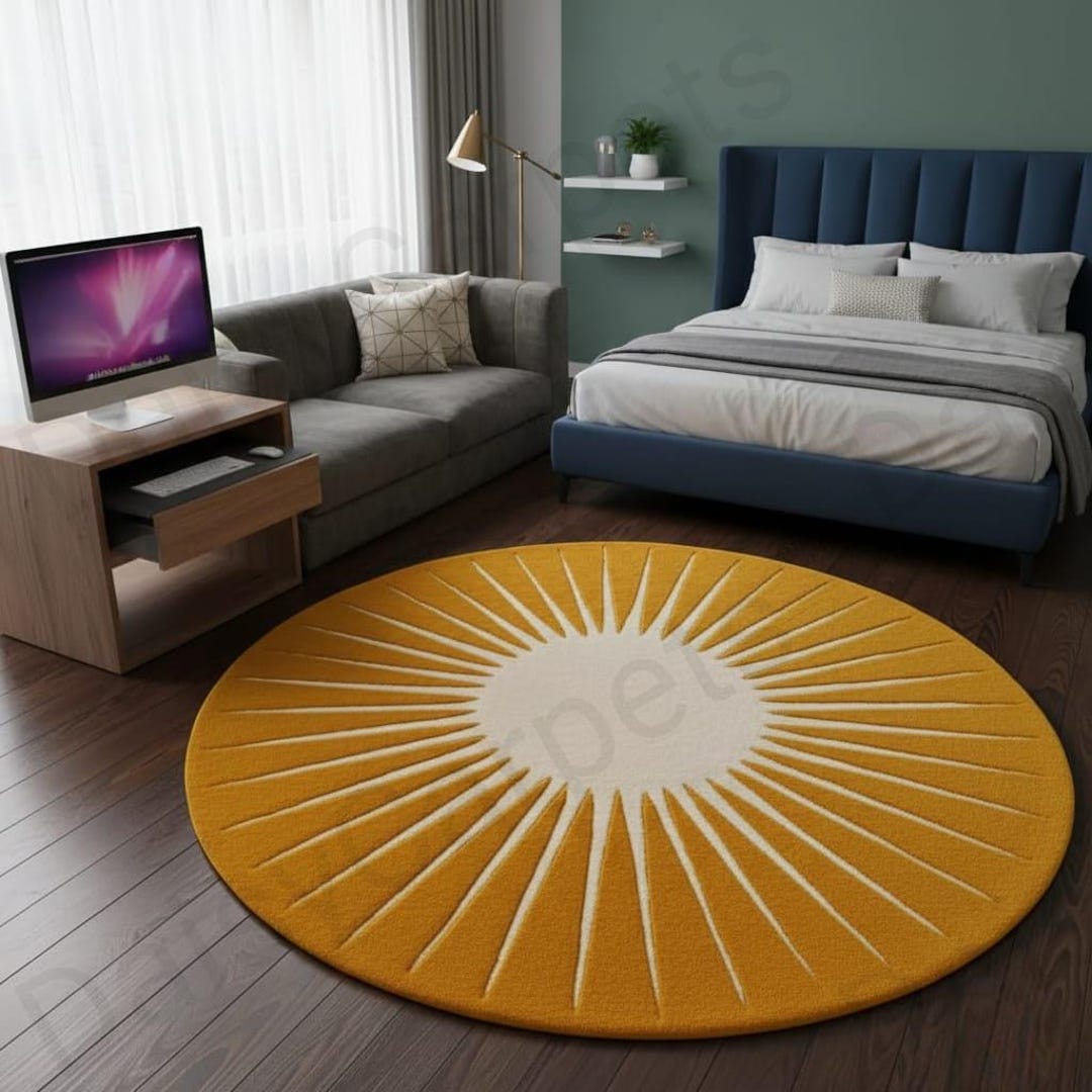 Mustard Yellow Round Rug | Sunburst Area CARPETS | Modern Abstract ...