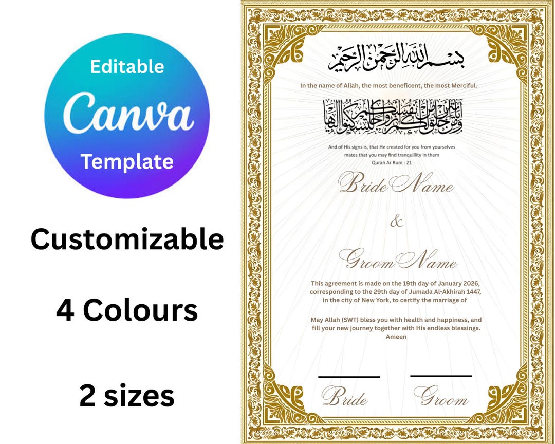 Nikah Certificate Editable Muslim Marriage Contract Canva Template ...