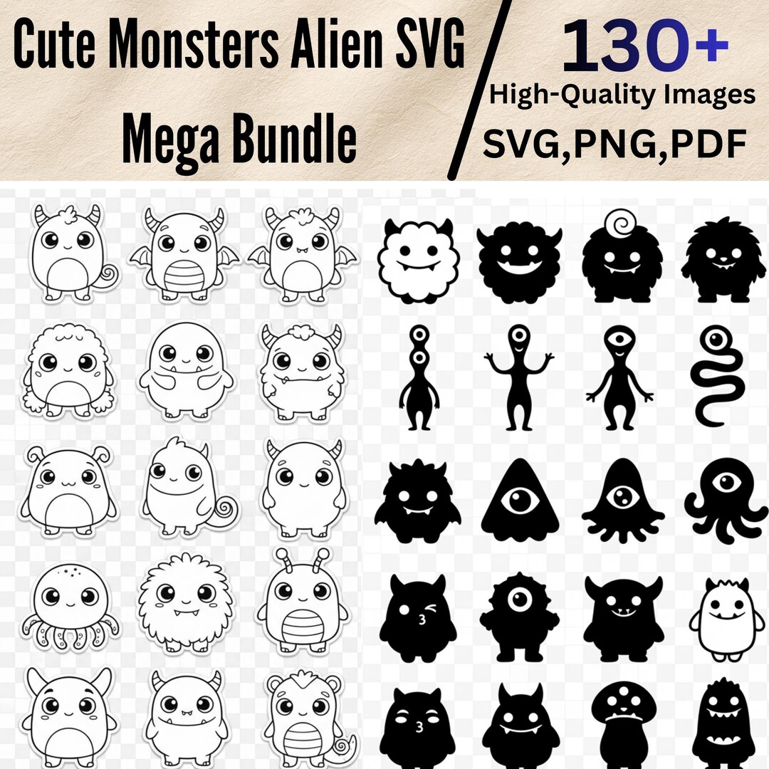 Monster Svg Bundle, Kawaii Alien Clipart, Cute Monster Png Bundle, Kids ...