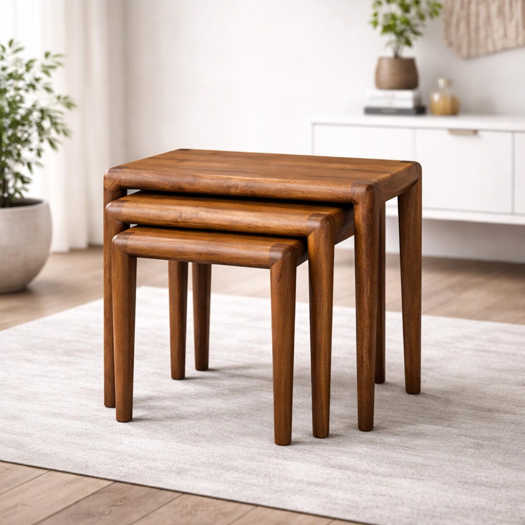 Walnut Wood Nesting Tables Set of 3, Mid Century Modern Side Table Trio ...