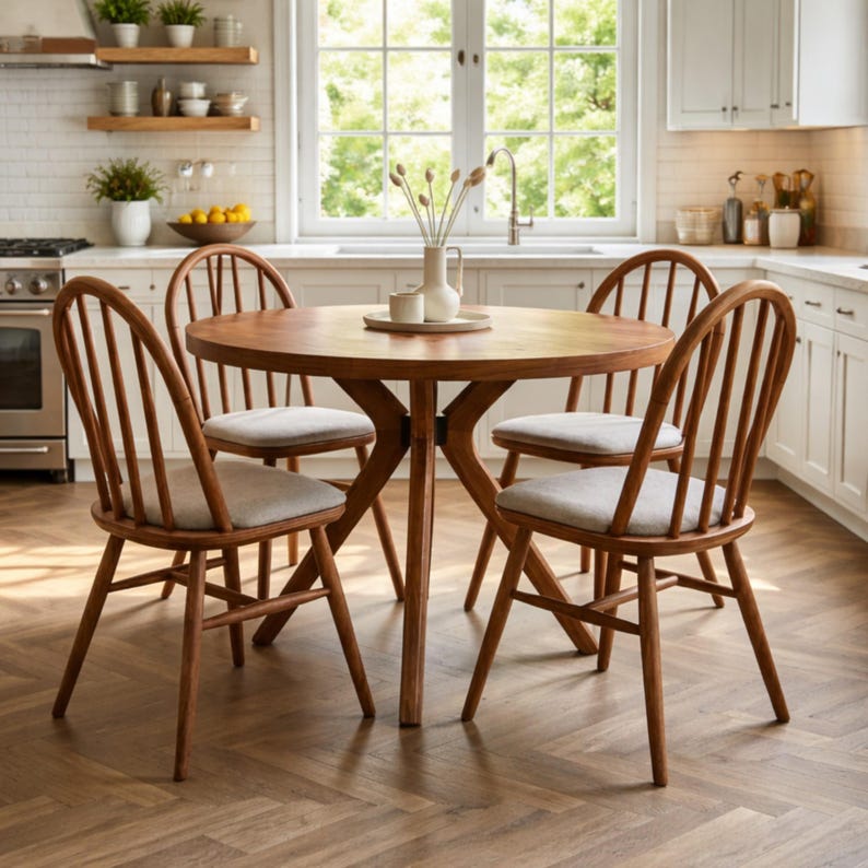 Walnut Round Dining Table Set, Solid Wood Kitchen Tables and Chairs ...