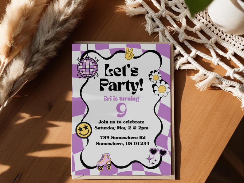 Purple Retro Birthday Invitation Template, Girls Party Invite, Groovy ...