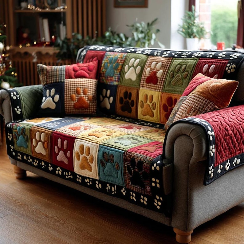 Paw Print Sofa Cover, Dog Lover Couch Throw, Cozy Pet Living Room Decor ...