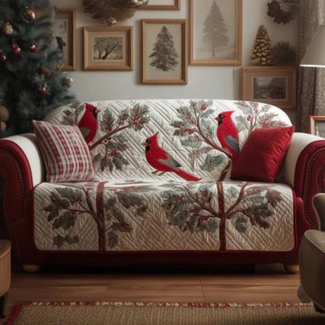 Red Cardinal Sofa Protector, Cozy Winter Bird Printed Living Room Decor ...