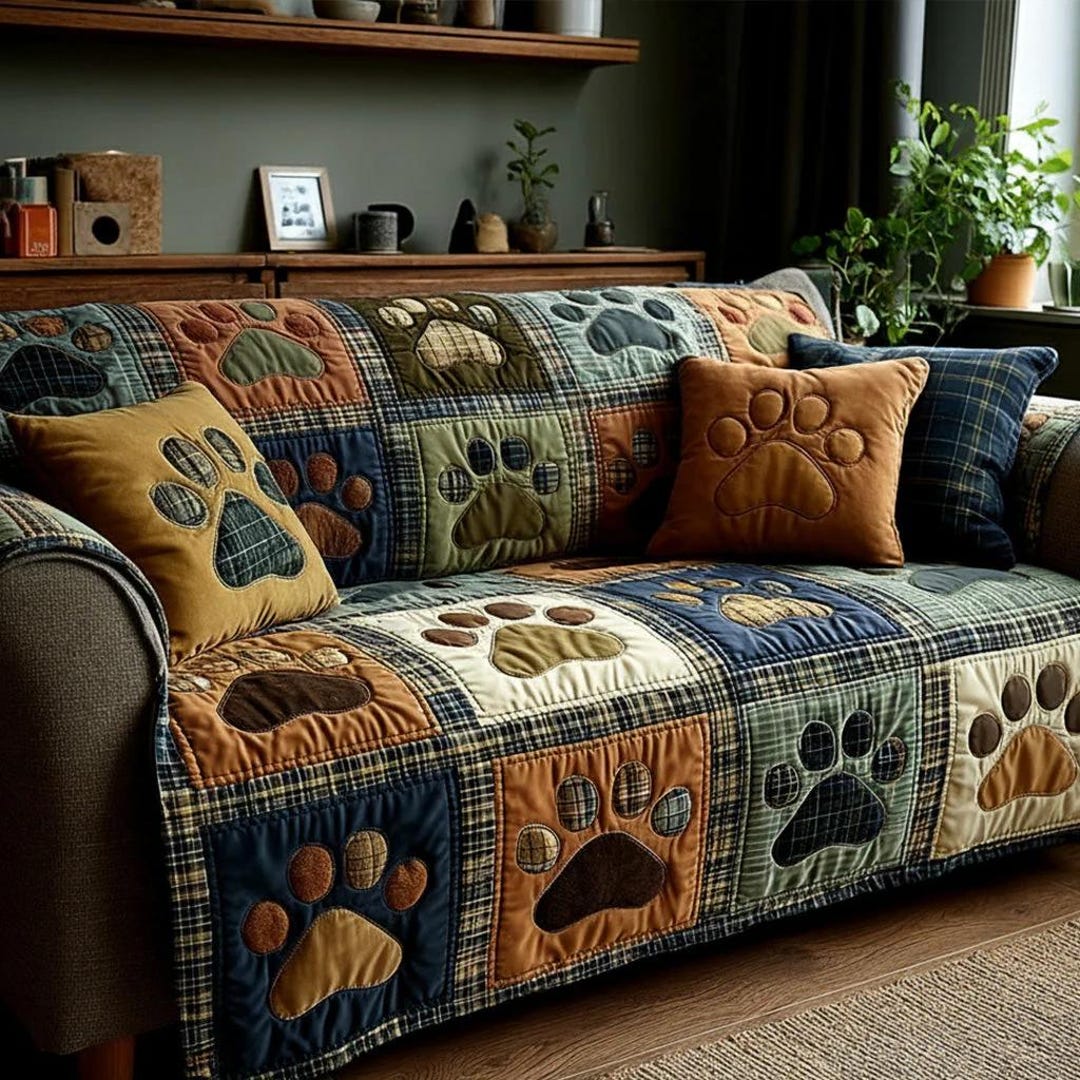 Paw Print Patchwork Sofa Cover, Dog Lover Couch Throw, Cozy Pet Living ...