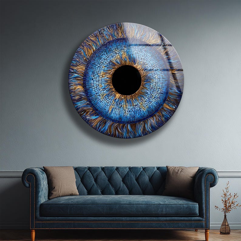 Blue Evil Eye Wall Art Round Glass Decor Nazar Protection Living Room ...