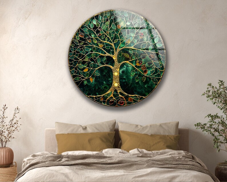 Gold Tree of Life Tempered Glass Wall Art, Stained Glass Emerald Green ...