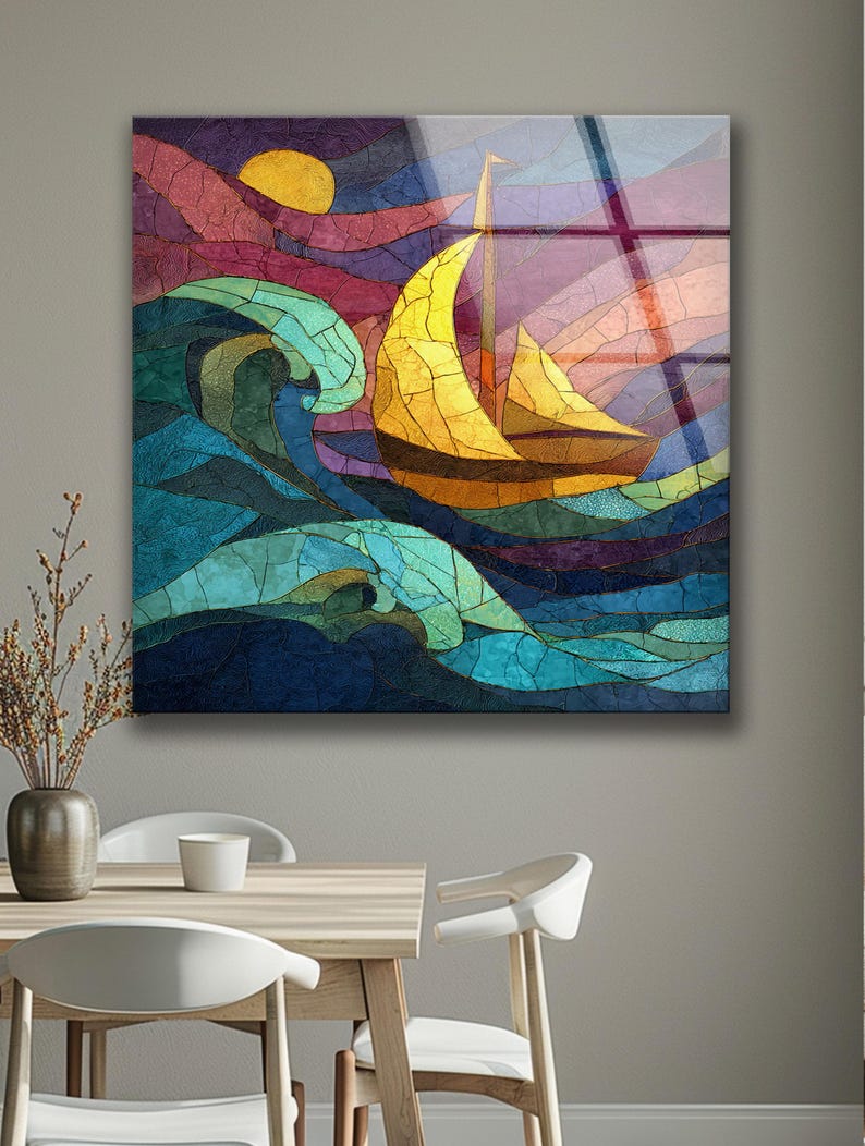Quadro de parede com veleiro dourado, decoração náutica costeira ...