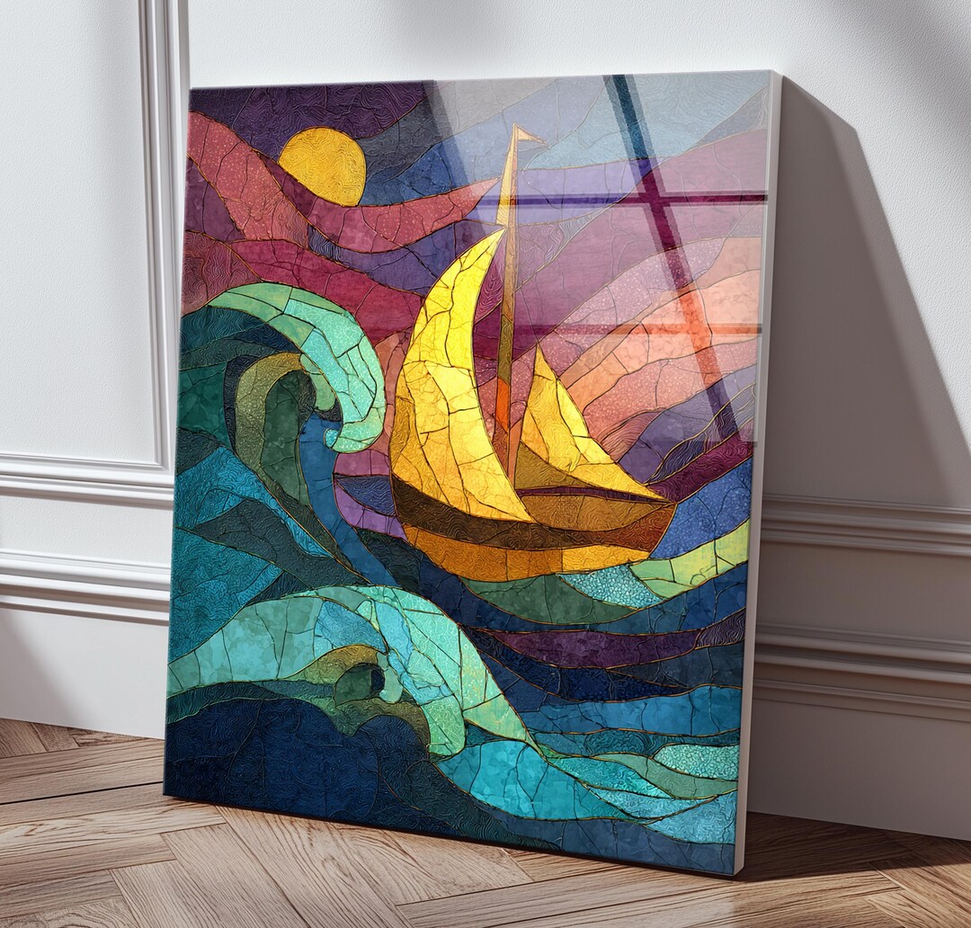 Quadro de parede com veleiro dourado, decoração náutica costeira ...