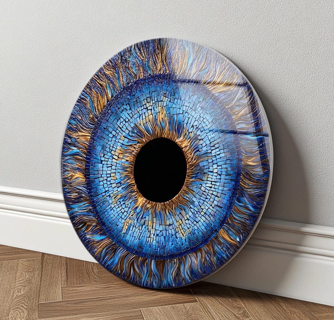 Blue Evil Eye Wall Art Round Glass Decor Nazar Protection Living Room ...
