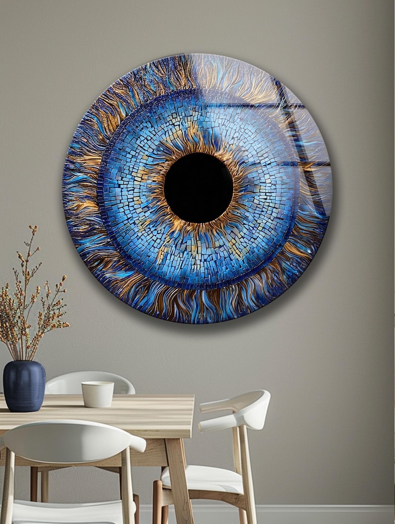 Blue Evil Eye Wall Art Round Glass Decor Nazar Protection Living Room ...