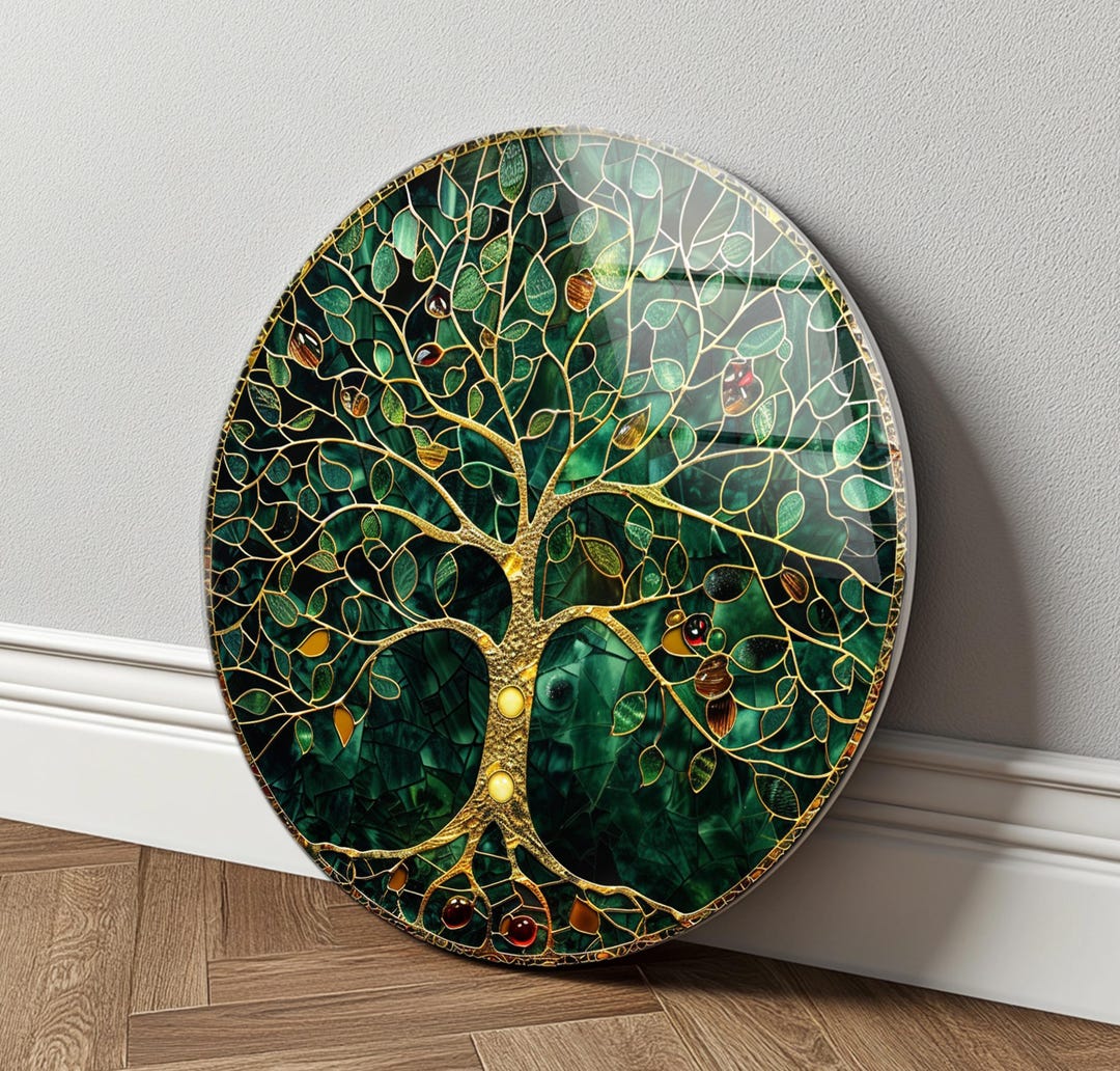Gold Tree of Life Tempered Glass Wall Art, Stained Glass Emerald Green ...