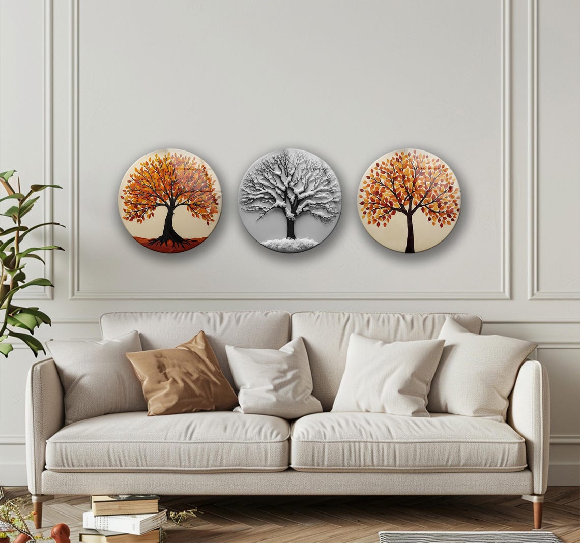 Arte de parede com tema da natureza, enfeites circulares em formato de ...