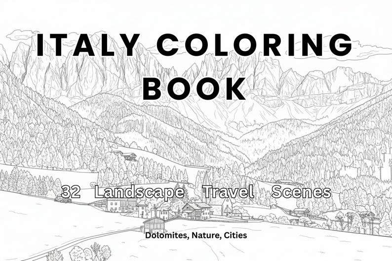 Italy Coloring Book | 32 Landscape Travel Coloring Pages | Dolomites ...