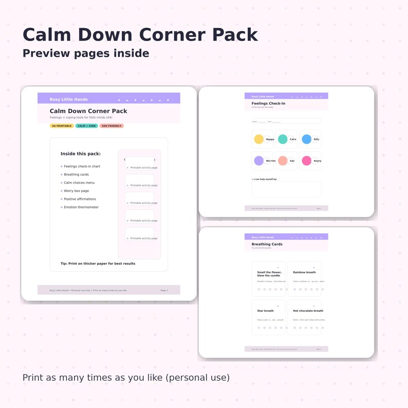 Calm Down Corner Printables | Kids Emotion Chart, Breathing Cards (A4 ...