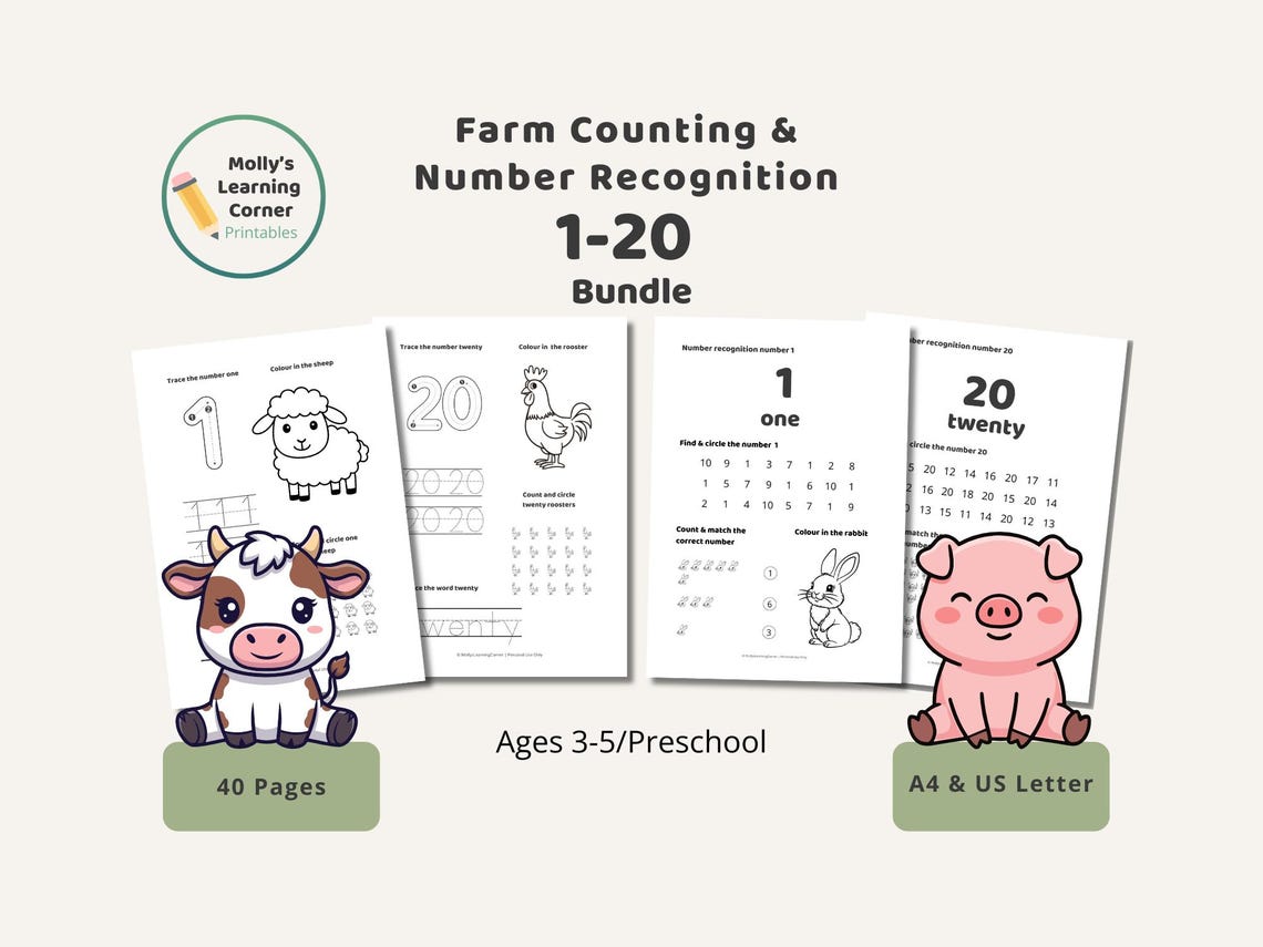 Farm Animals Counting & Number Recognition 1-20 Bundle | Preschool ...