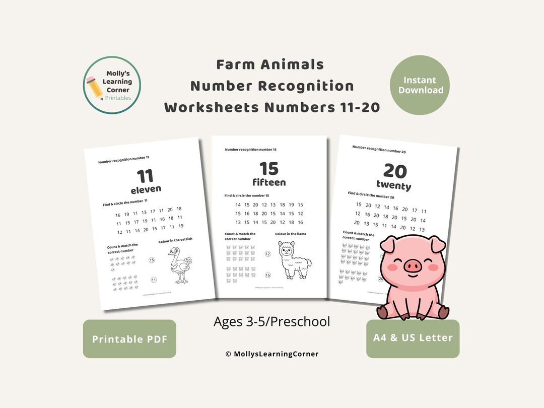 Farm Animals Number Recognition Worksheets Numbers 11-20 | Preschool ...