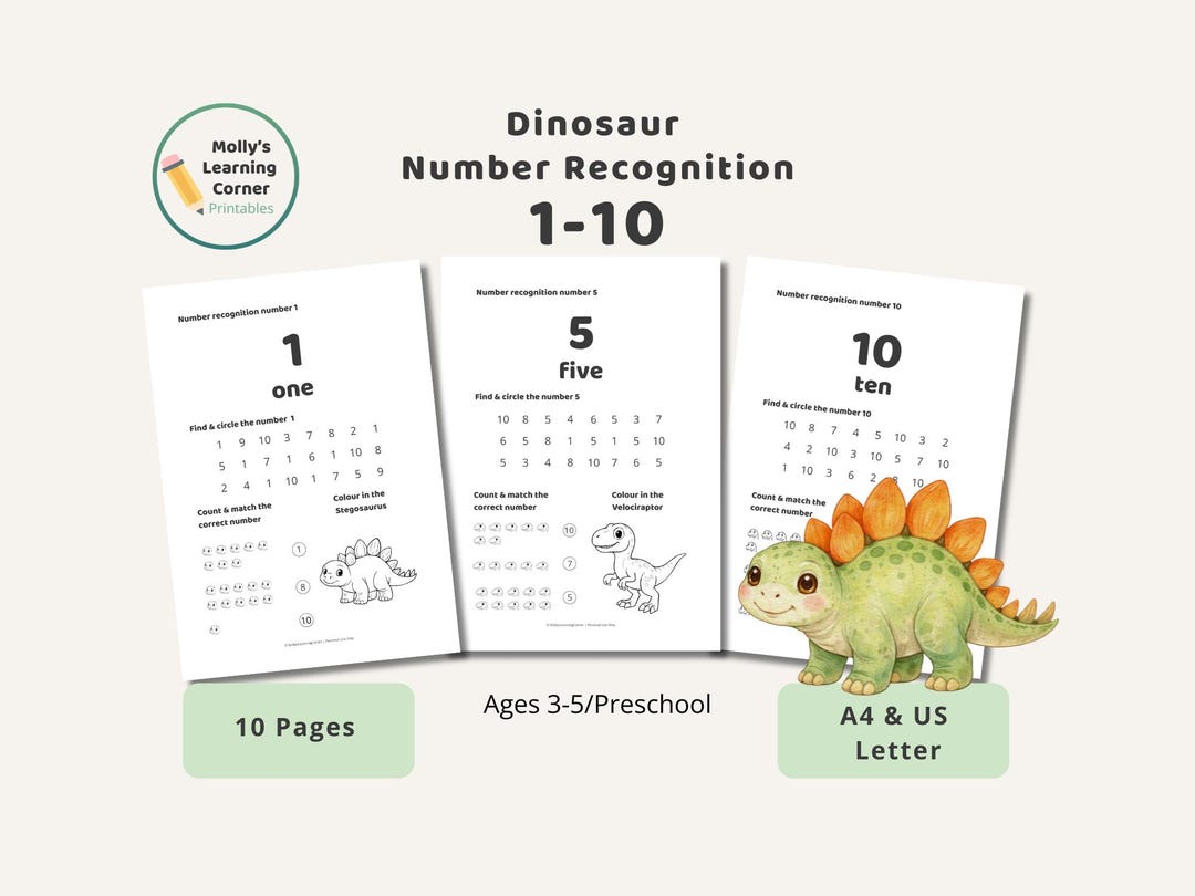 Dinosaur Number Recognition Worksheets 1–10 | Preschool Maths Printable ...