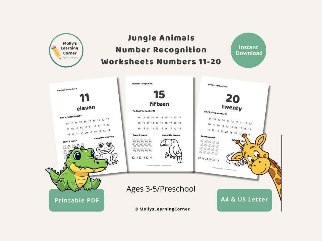 Jungle Animals Number Recognition Worksheets Numbers 11-20 | Preschool ...
