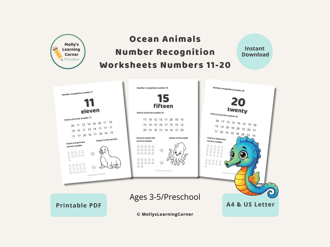 Ocean Animals Number Recognition Worksheets Numbers 11-20 | Preschool ...
