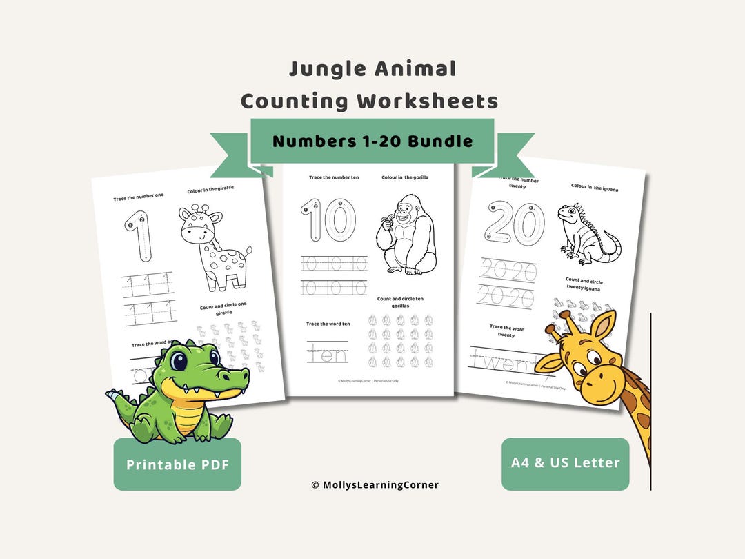 Jungle Animals Counting Worksheets 1-20 – Preschool Printable Bundle ...