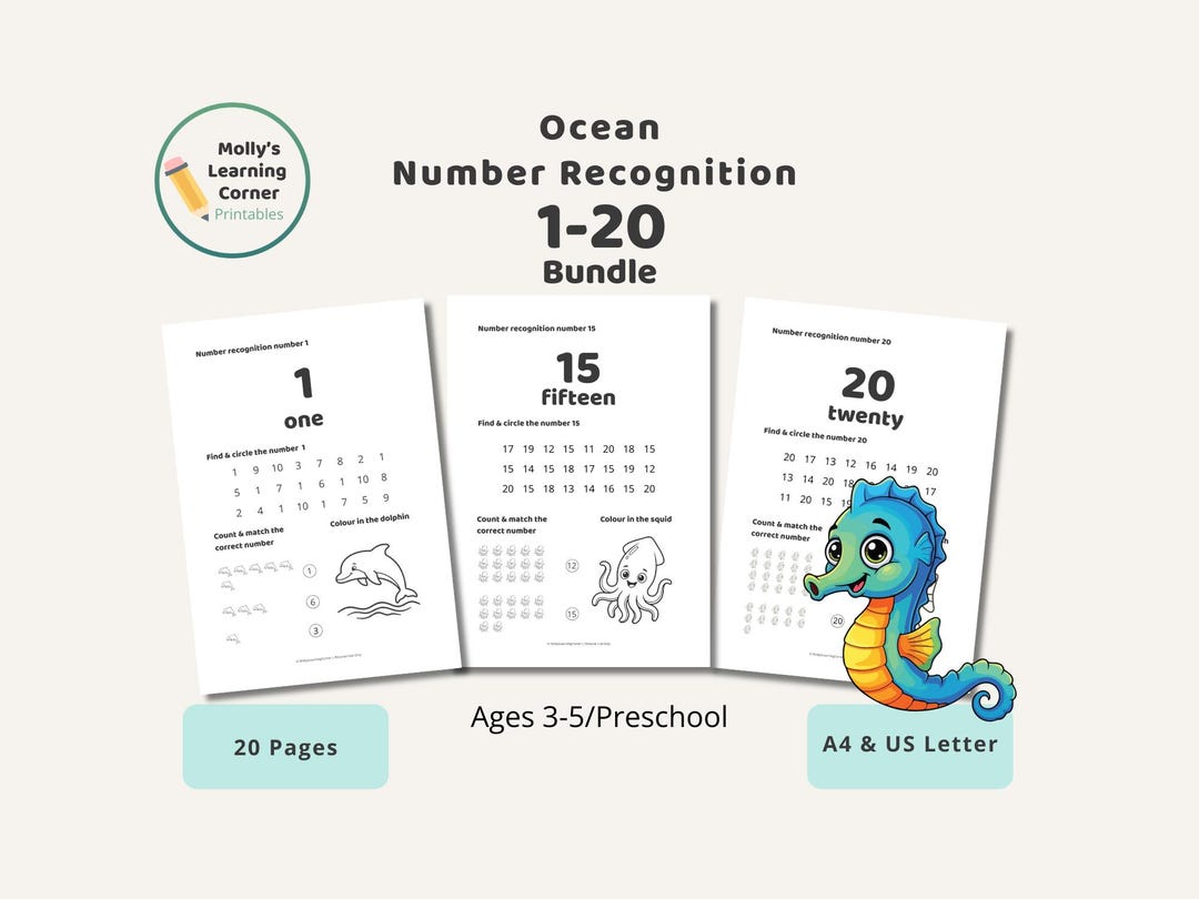 Ocean Animals Number Recognition Worksheets 1-20 Bundle | Preschool ...