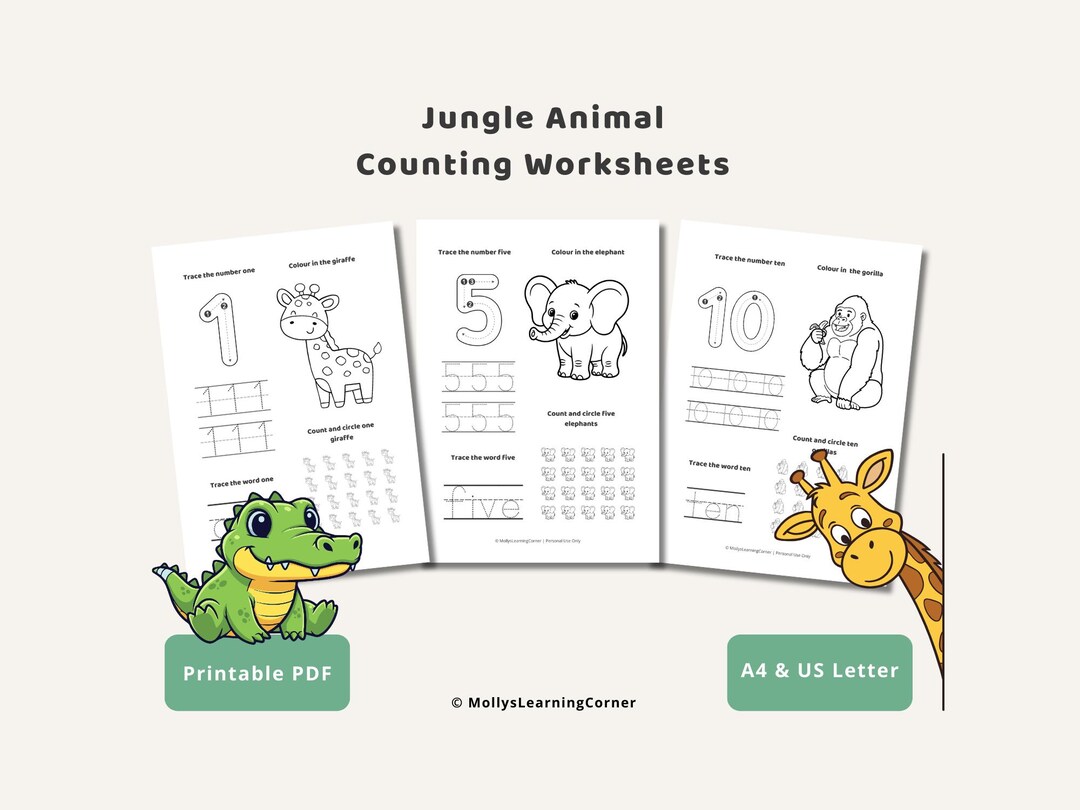 Jungle Animal Counting Worksheets 1–10 | Preschool Maths Printable ...