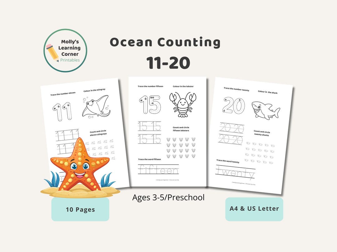 Ocean Animals Counting Worksheets 11-20 | Preschool Maths Printable ...