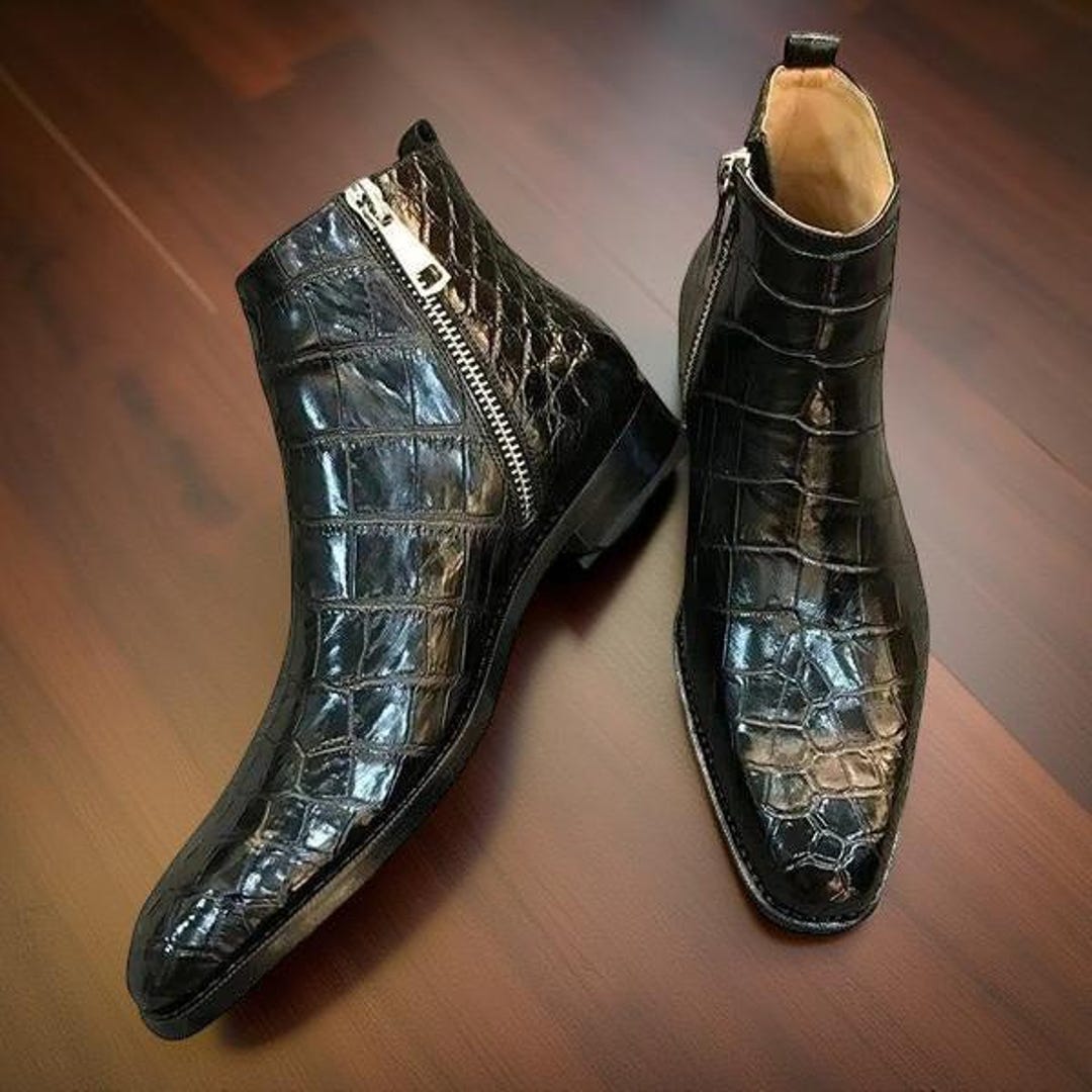 Men's Black Croc Embossed Leather Ankle Boots – Zipper Dress Shoes - Etsy