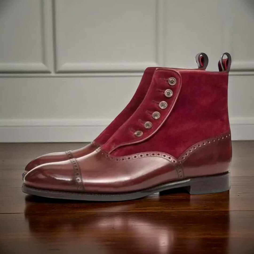 Men's Burgundy Suede Button Boots – Vintage Leather Ankle Dress Shoes ...
