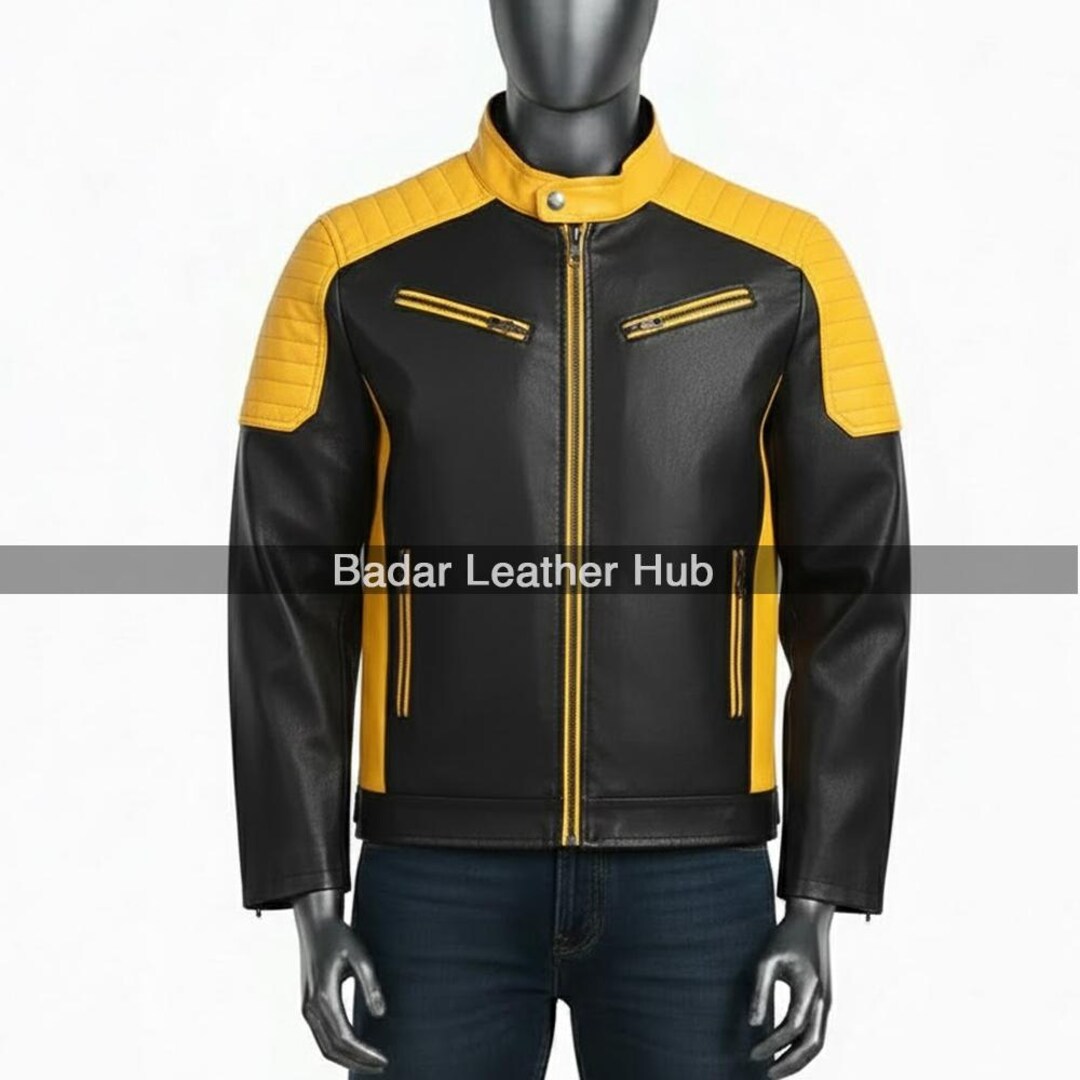 Men's Two-tone Genuine Leather Jacket | Black & Yellow Trim - Etsy