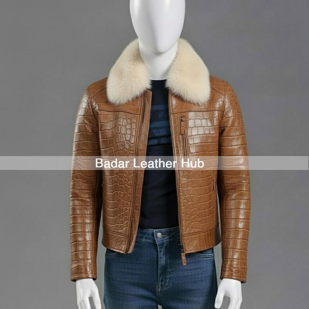 Men's Brown Croc Embossed Leather Jacket | Fur Collar, Winter Coat - Etsy