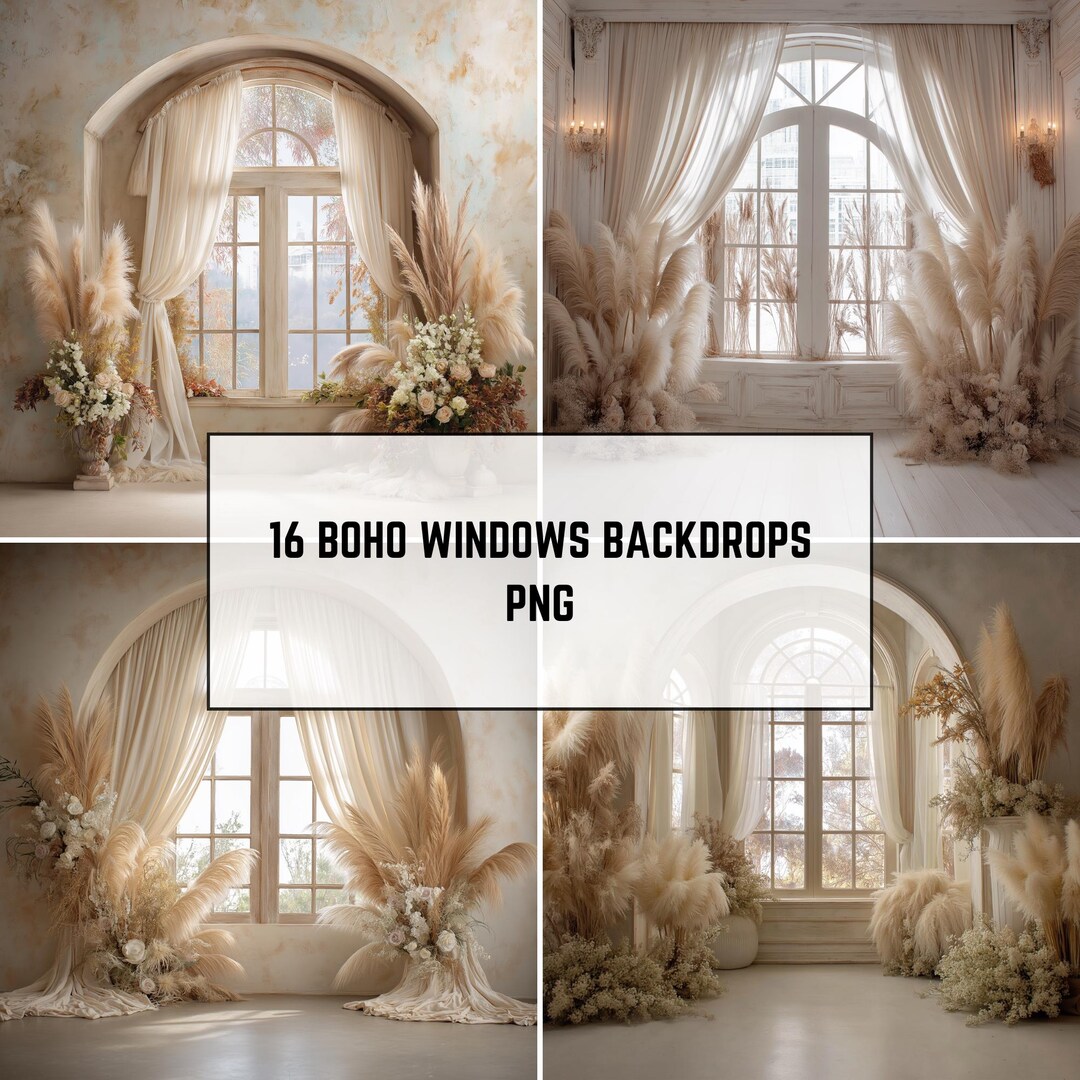16 Boho Window Backdrops PNG – Sunlit Arch Windows, Neutral Vintage ...